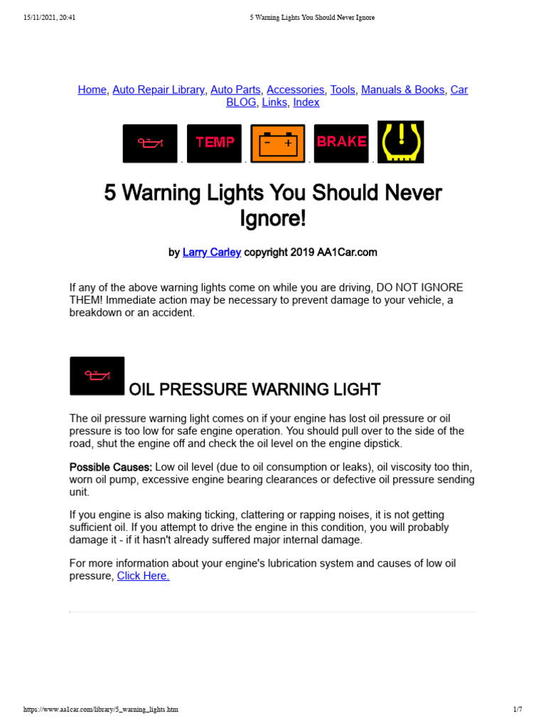 5 Warning Lights You Should Never Ignore | PDF | Brake | Tire