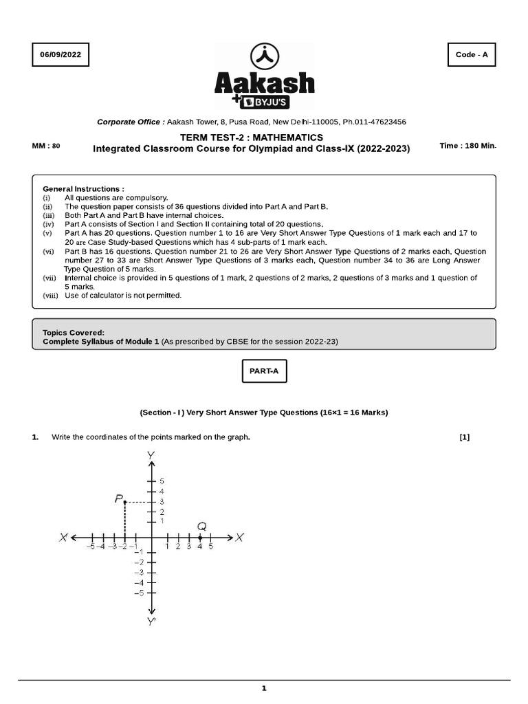 CBSE Term Test-02A (C-09) - Mathematics | PDF