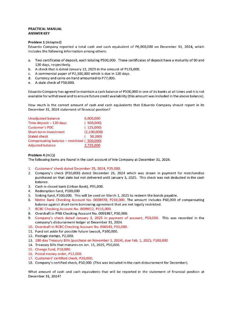 PRACTICAL MANUAL CASH Answer Key (Student Copy) | PDF