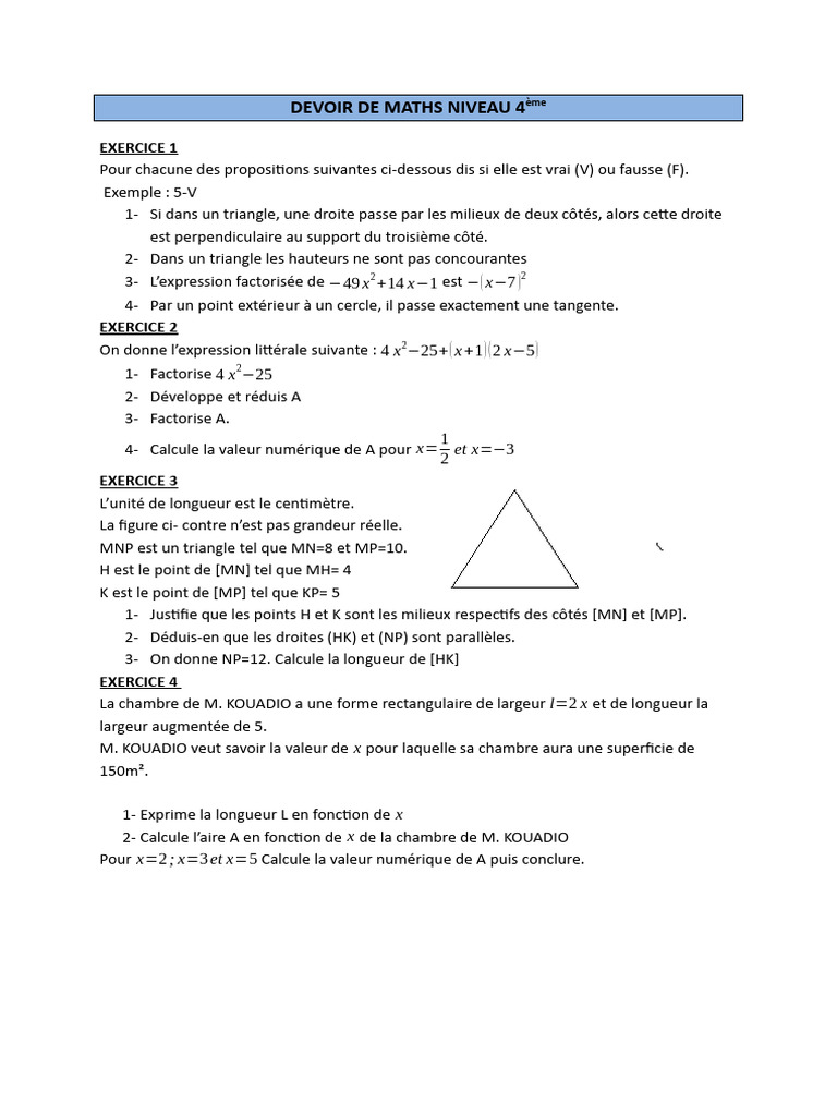 Devoir de Maths 4ème avec Corrigé | PDF