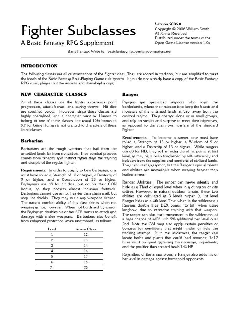 BF Fighter Subclasses Supplement 2006.0 | PDF | Copyright | License