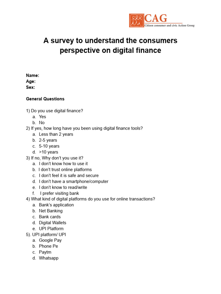 Questionnaire For Digital Finance Survey | PDF | E Commerce | Banking ...