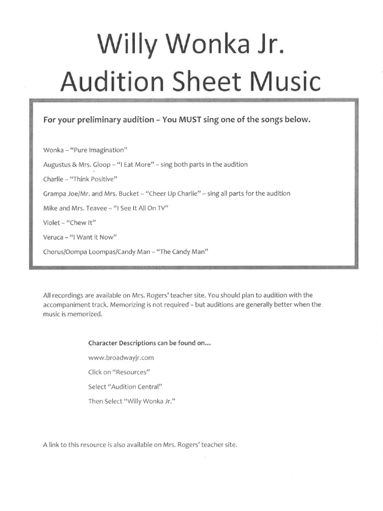 Willy Wonka JR Audition Sheet Music | PDF