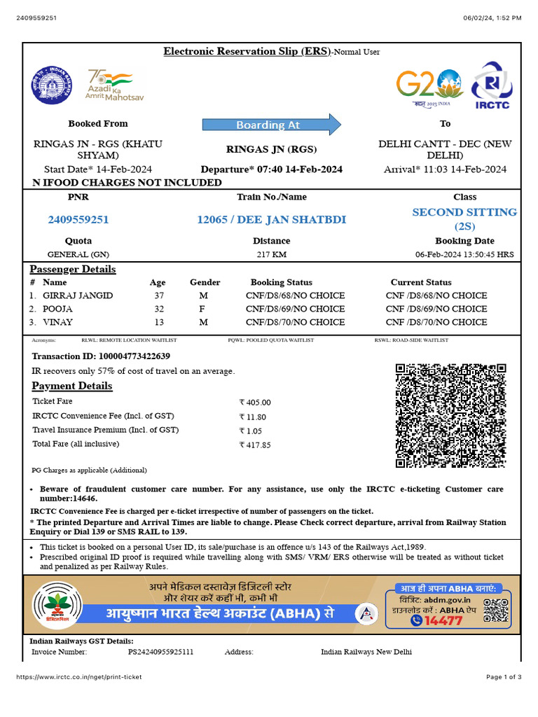 Dee Jan Shatbdi Second Sitting (2S) : Electronic Reservation Slip (ERS ...