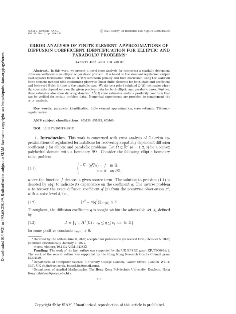 Jin - Error Analysis of Finite Element Approximations of Diffusion Coefficient Identification ...