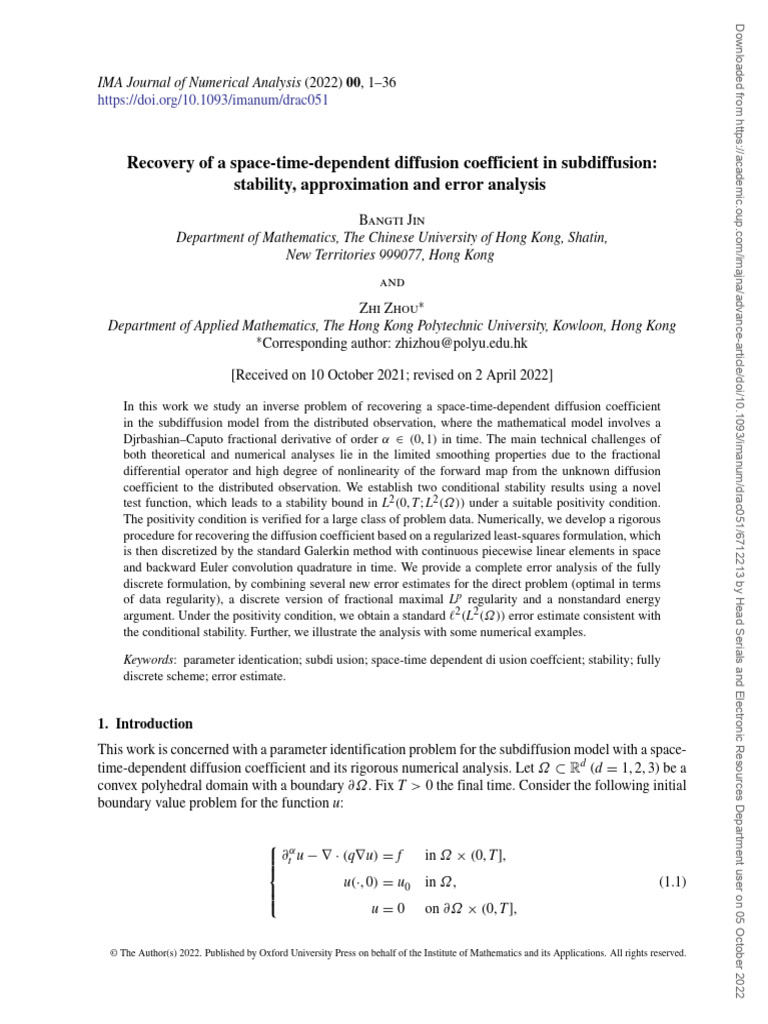 Recovery of A Space-time-Dependent Diffusion Coefficient in Subdiffusion | PDF | Diffusion ...