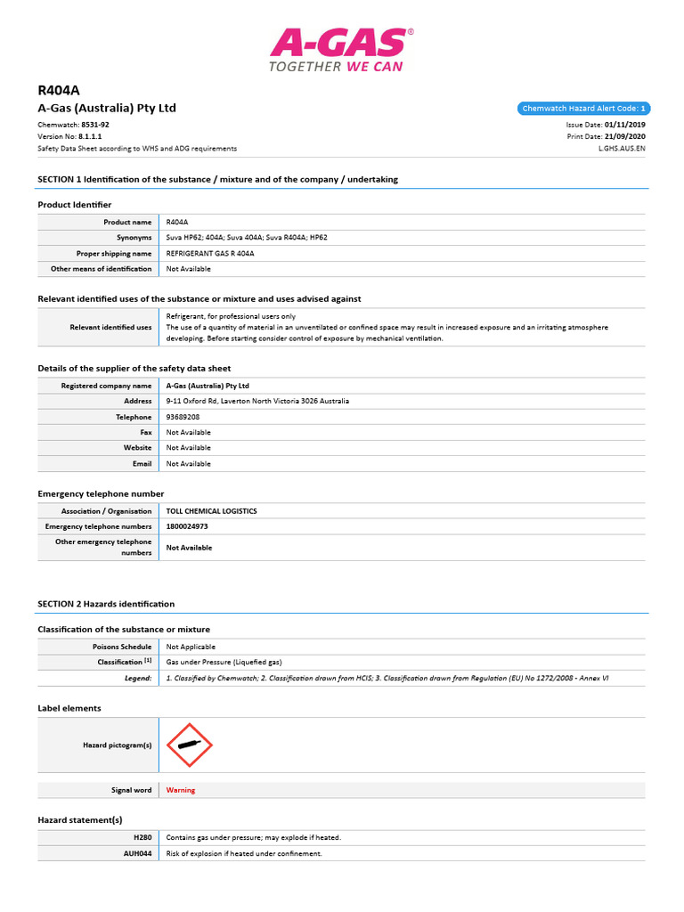 R404a Sds Pdf Dangerous Goods Toxicity