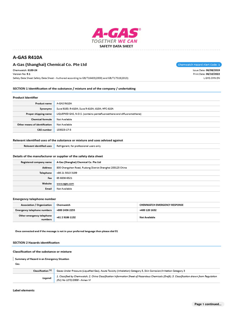 R410a SDS | Download Free PDF | Toxicity | Safety