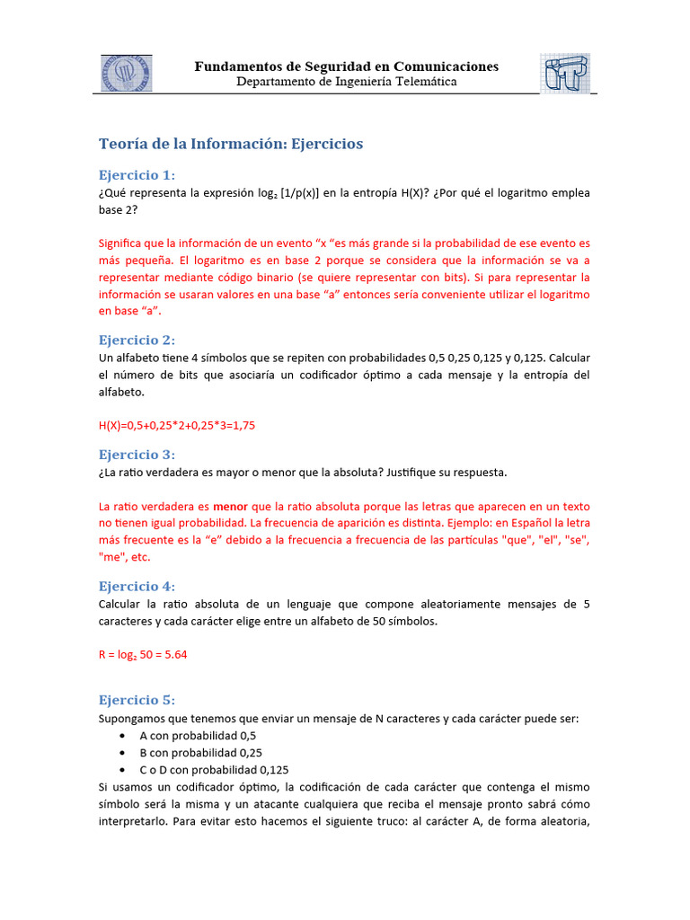 3 Ejercicios TeoriaInfo2 Soluciones 2 | PDF | Matemáticas | Matemáticas Aplicadas