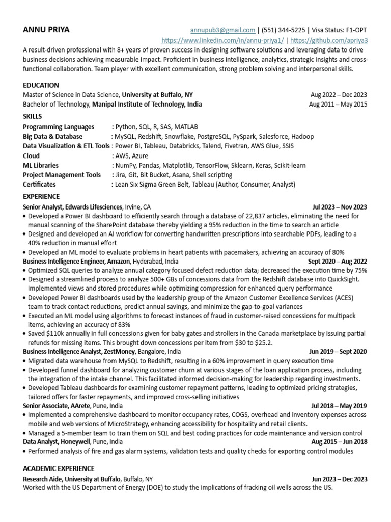 Annu Priya CV | PDF | Business Intelligence | Databases