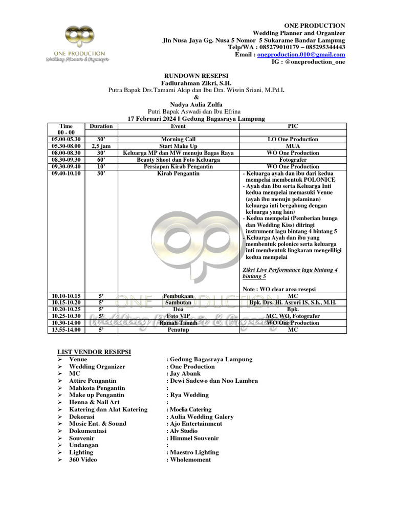 Rundown Resepsi Zikri Dan Nadya 17 Feb 2024 | PDF