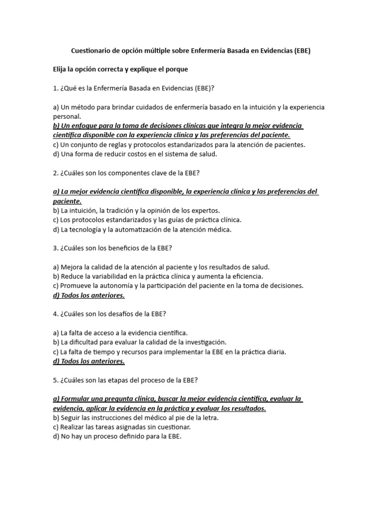 Cuestionario de opción múltiple sobre Enfermería Basada en Evidencias | PDF | Evidencia basada ...