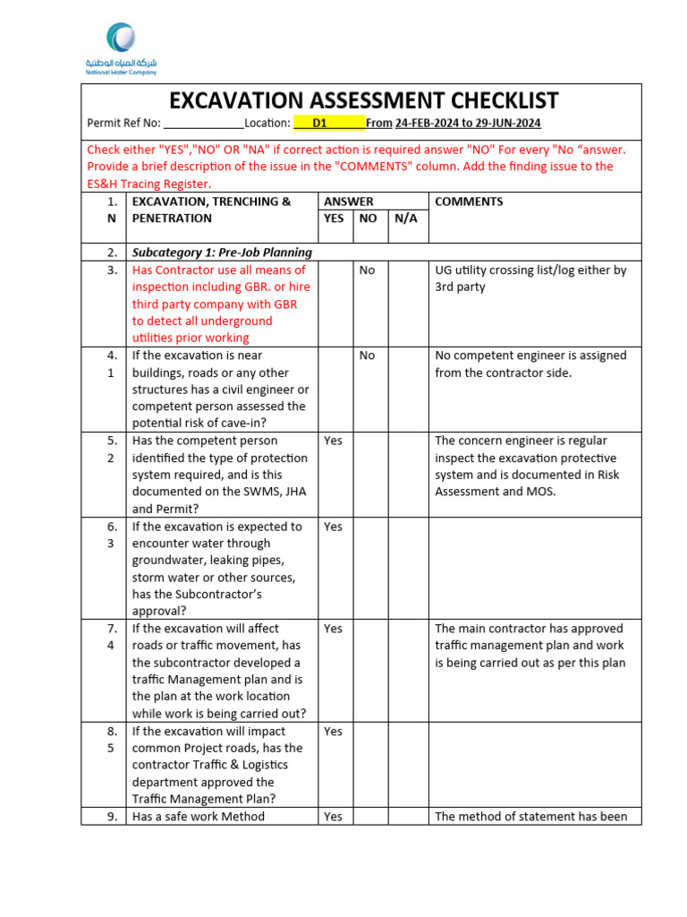 Revised EXCAVATION ASSESSMENT CHECKLIST - FEB - 2024 | Download Free ...