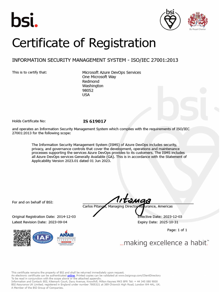 Azure DevOps - ISO - IEC 27001 - 2013 Certificate (2023) | PDF