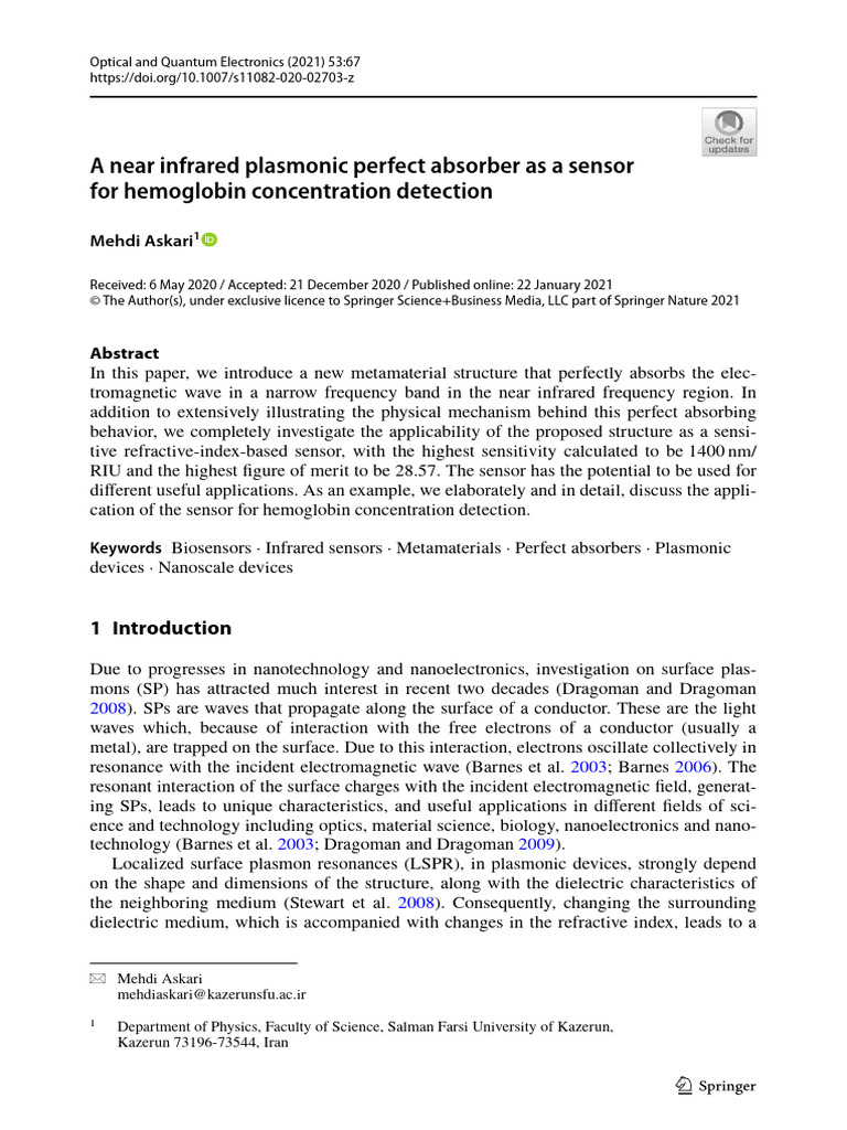 A Near Infrared Plasmonic Perfect Absorber As A Sensor For Hemoglobin Concentration Detection ...