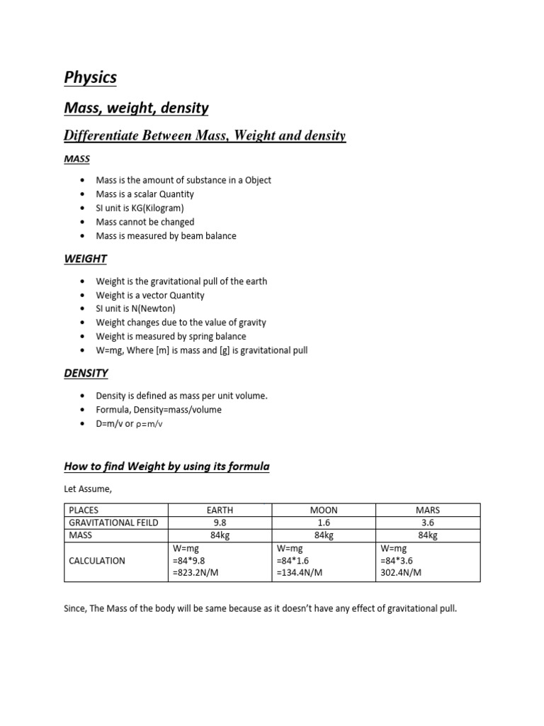 Physics Mass, Weight and Density Notes | PDF