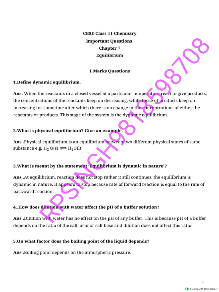 Equilibrium Important Questions | PDF