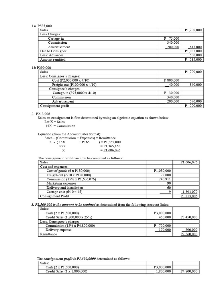 Consginment Sales Problems Answer Key | PDF | Cost Of Goods Sold | Expense