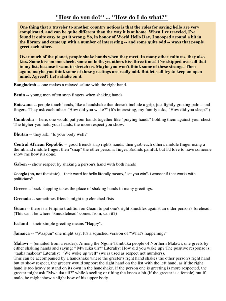 Global Greetings Guide | PDF | Cultural Conventions | Nonverbal ...