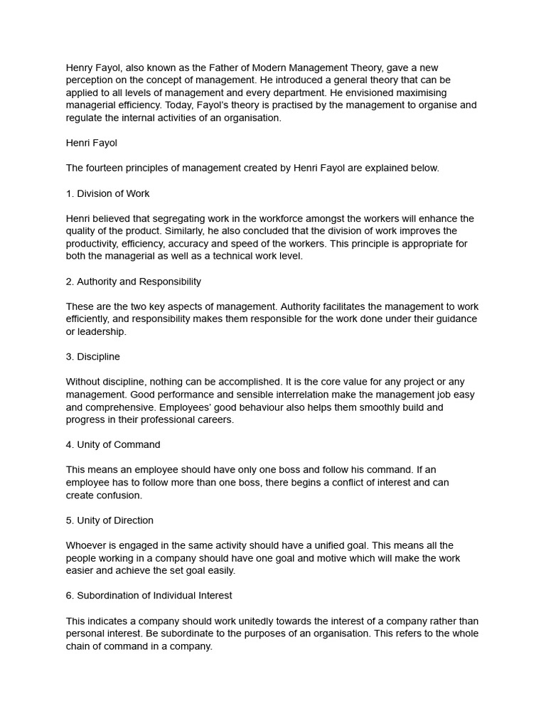 Fayol's 14 Principles of Management | PDF | Business | Psychology