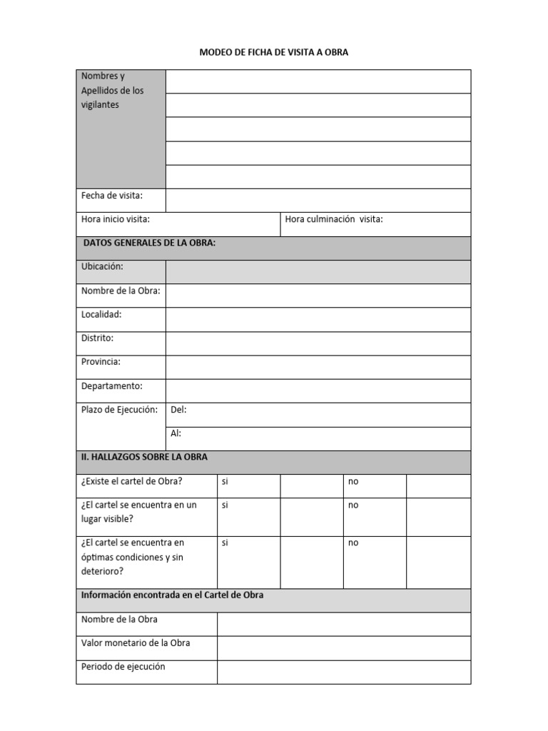 Modelo de Ficha de Visita de Obra | PDF