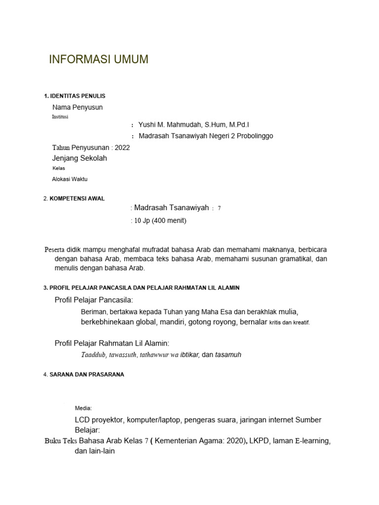 Contoh Modul Ajar Bahasa Arab MTs - MTs Arabic | PDF
