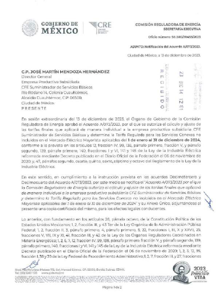 Oficio SE-300-70445-2023 Acuerdo CRE A-073-2023 Metodología para ...