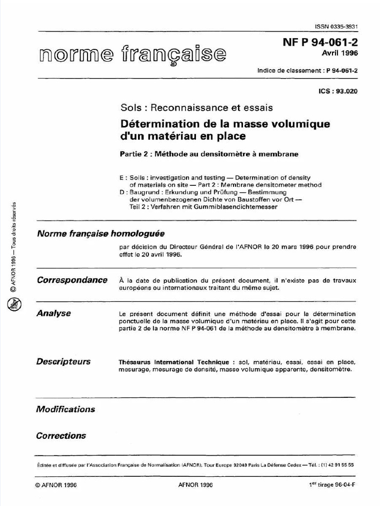 NF P94-061-2 - Masse - Volumique - Des - Sols - en - Place | PDF