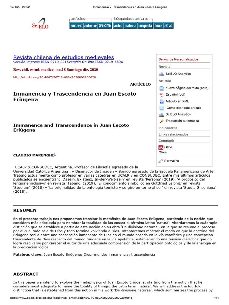 Inmanencia y Trascendencia en Juan Escoto Eriúgena | PDF ...