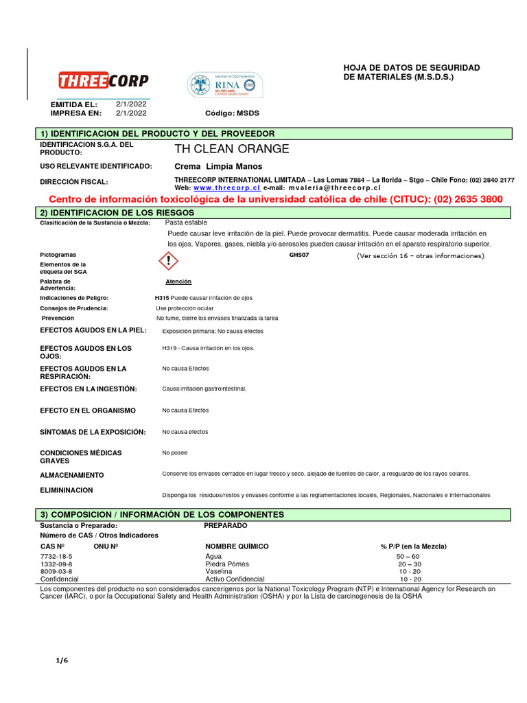 Ficha de Seguridad TH Clean Orange | PDF | Agua | Residuos