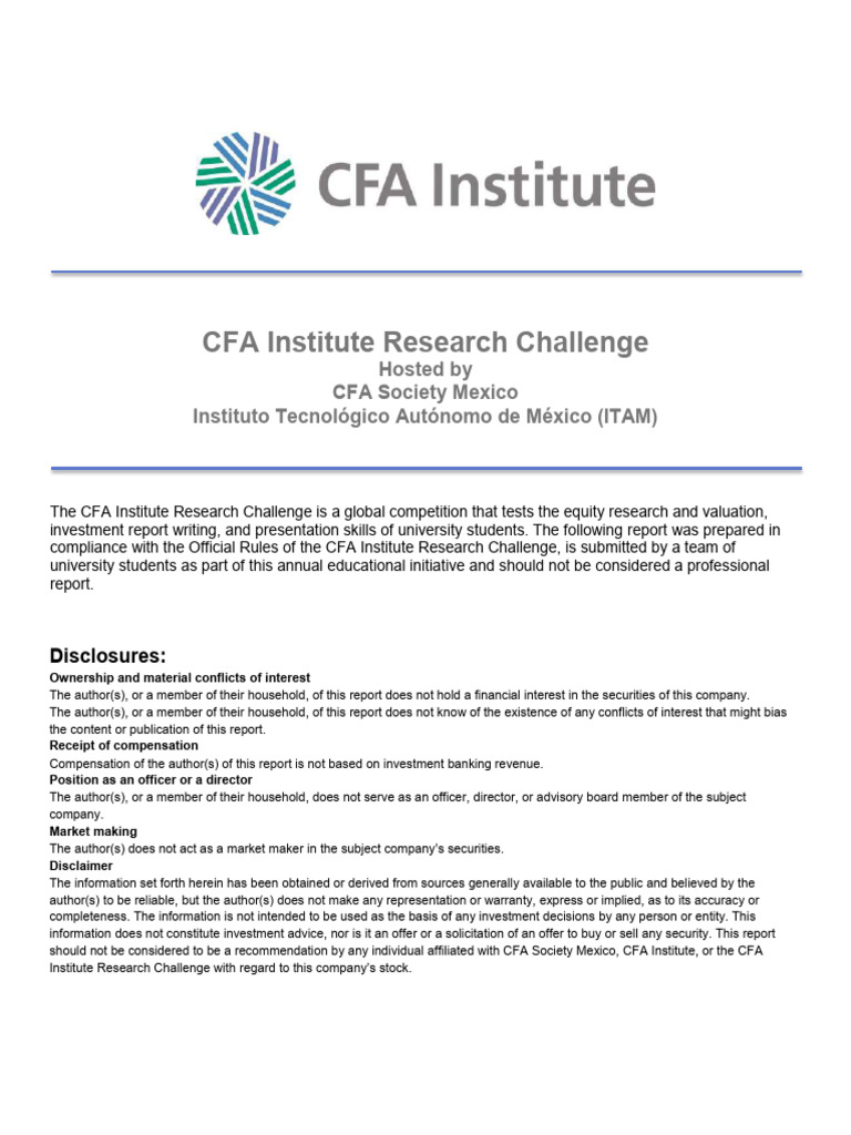 CFA Institute Research Challenge: Hosted by CFA Society Mexico Instituto Tecnológico Autónomo de ...