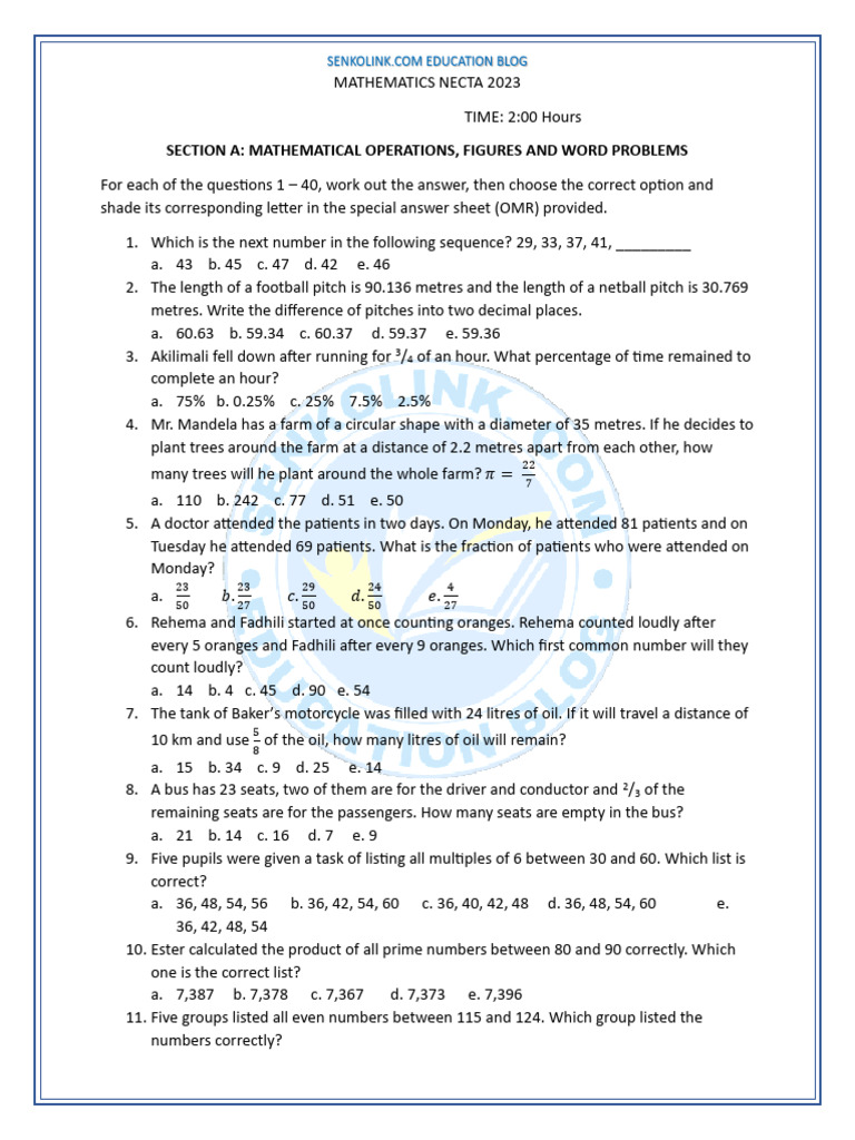 NECTA 2023 Standard Seven Mathematics Exam | PDF | Moon | Troposphere