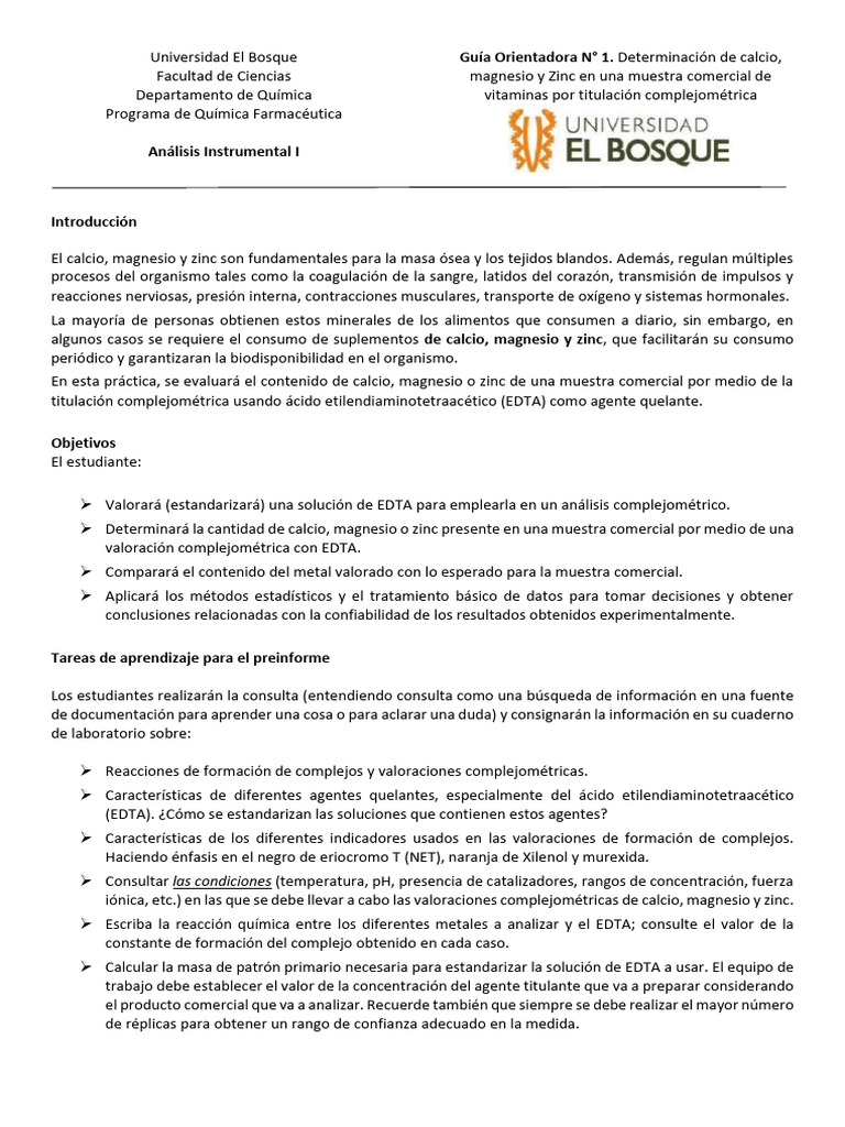 Guia Orientadora N°1. Determinacion de Ca, MG y ZN Por Complejometria ...