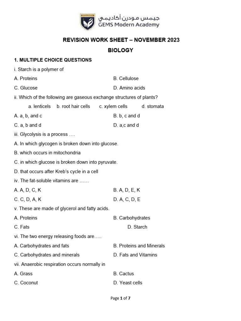 Revision Work Sheet - November 2023 | PDF | Digestion | Stomach