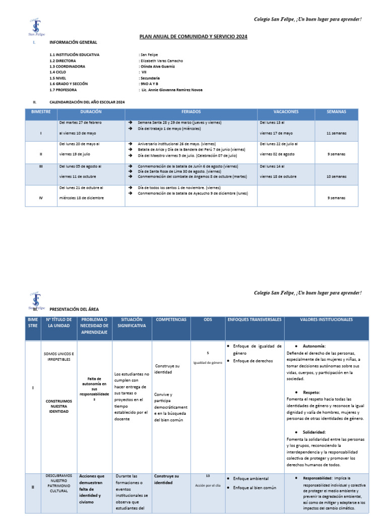 Plan Anual de Comunidad y Servicio 2024 | PDF | Evaluación | Aprendizaje