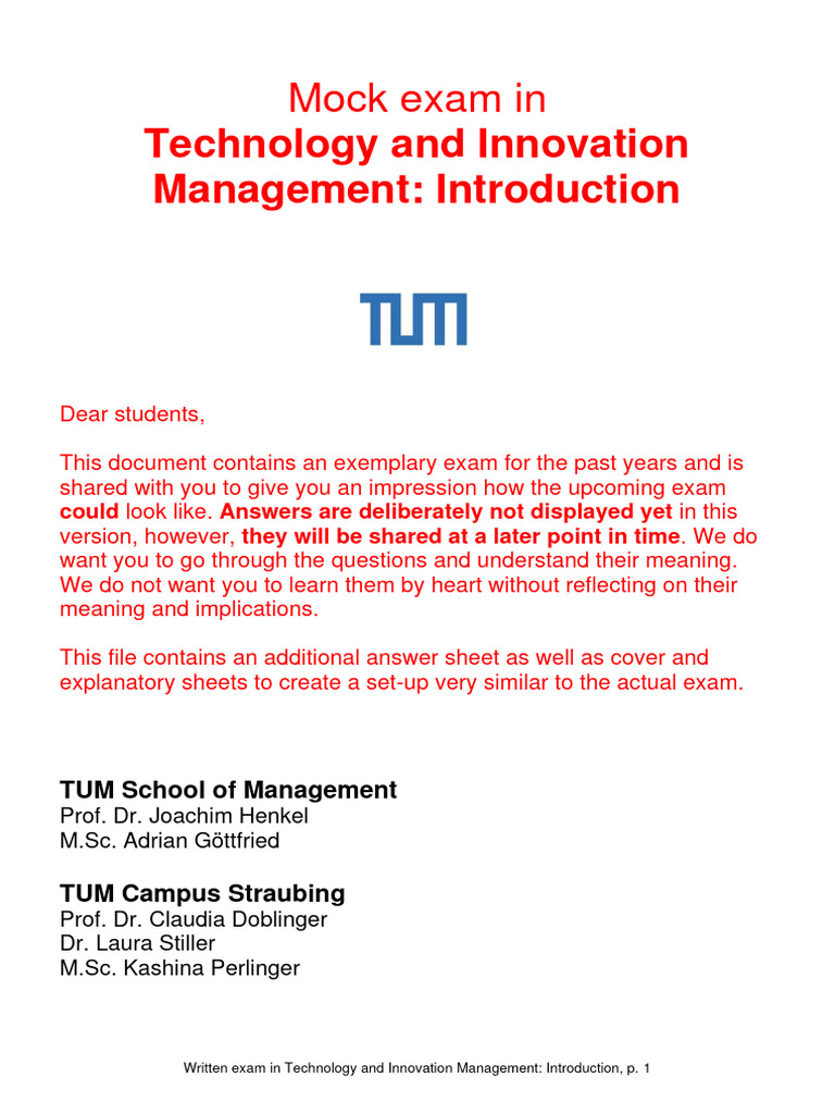 TIM Intro ST23 Mock Exam Blank-2 | PDF | Patent | Innovation