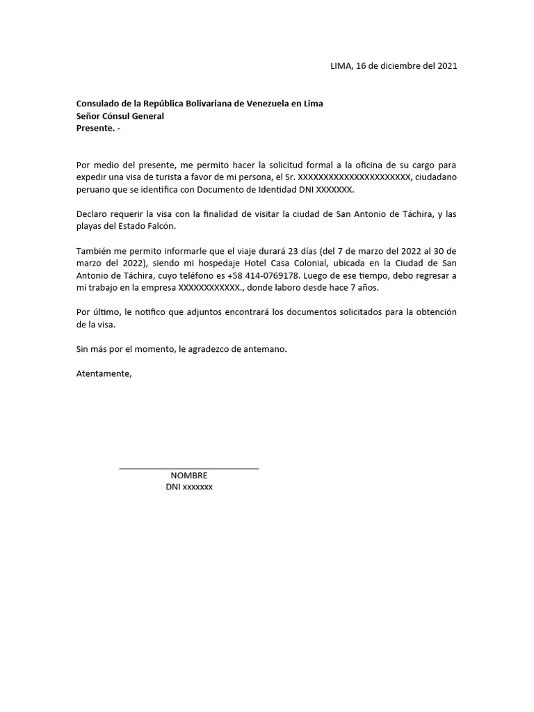 Carta de Solicitud de Visa A Venezuela | PDF