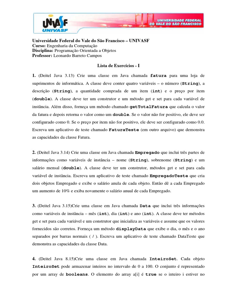 Exercícios de POO em Java: Classes e Métodos | PDF | Conjunto ...