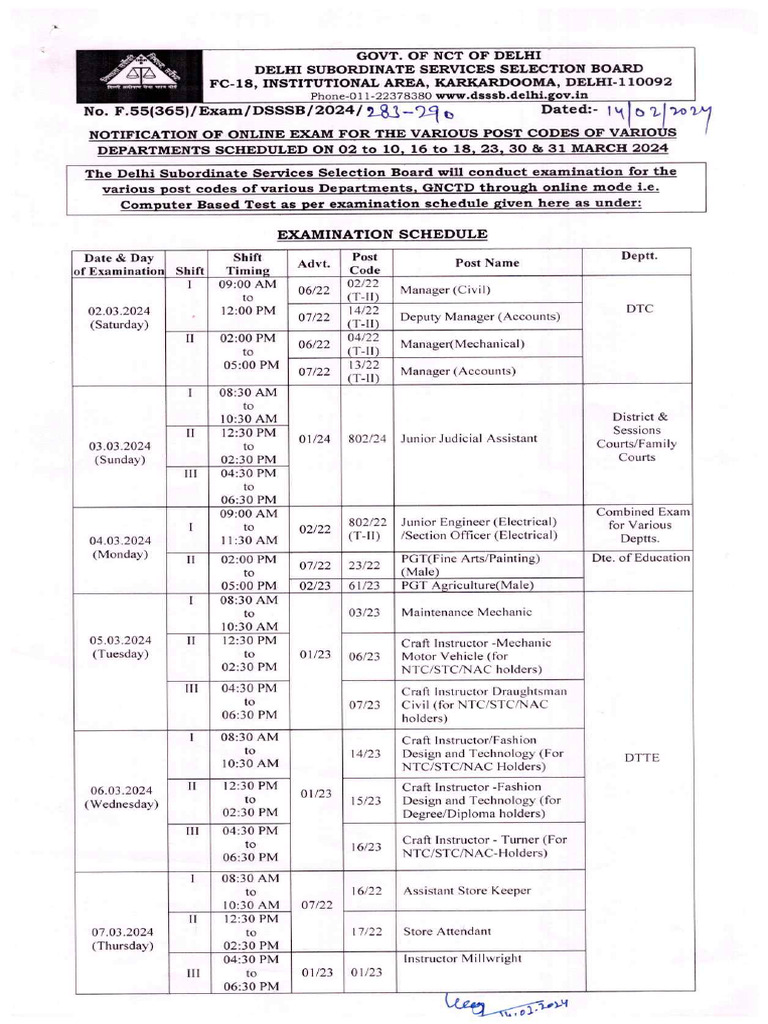 DSSSB Exam Calendar 2024 | PDF