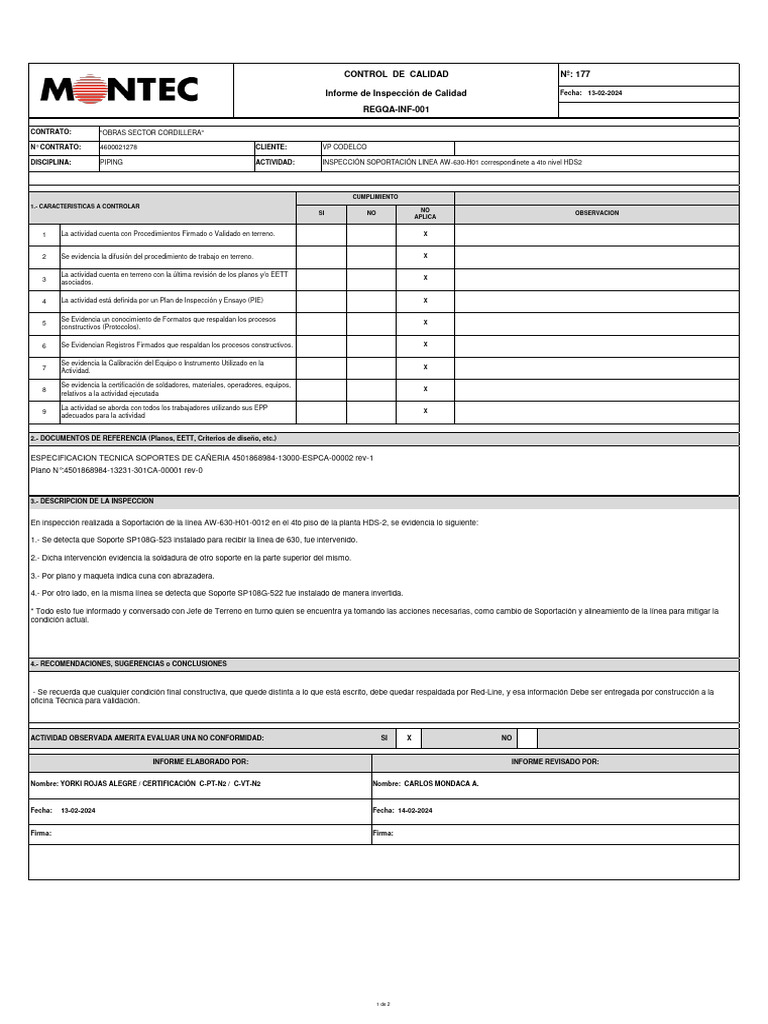 Informe - Calidad - 177 Inspeccion Soportes de Linea AW-630 4to Nv. HDS ...