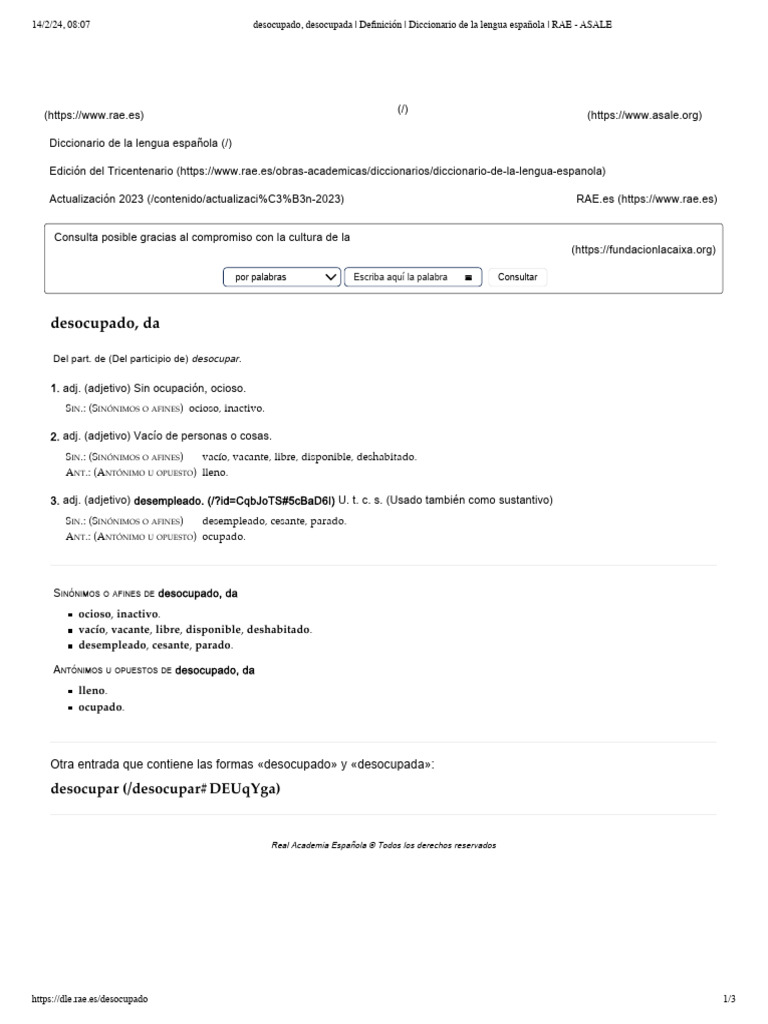 Desocupado, Desocupada - Definición - Diccionario de La Lengua Española | PDF | Idiomas ...