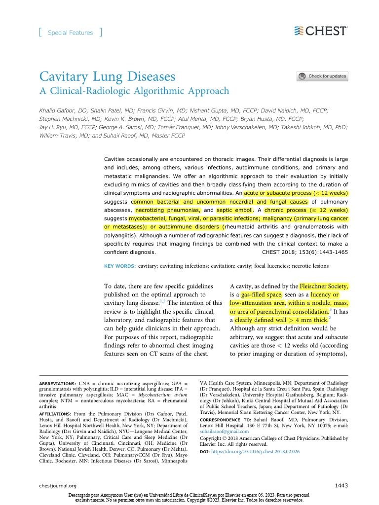 Cavitary Lung Diseases: A Clinical-Radiologic Algorithmic Approach ...