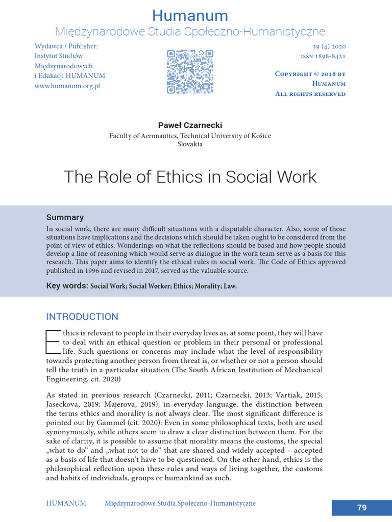 The Role of Ethics in Social Work: Międzynarodowe Studia Społeczno ...