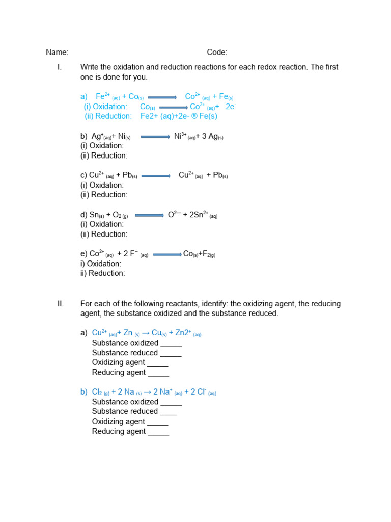 Redox and Percent Yield Assignment CHEM 201 | PDF