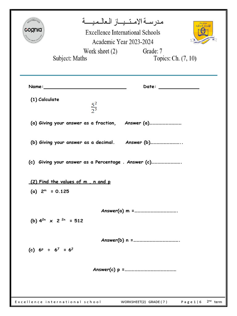 2 Excellence International School Worksheet (2) Grade (7) Page1 - 6 ...