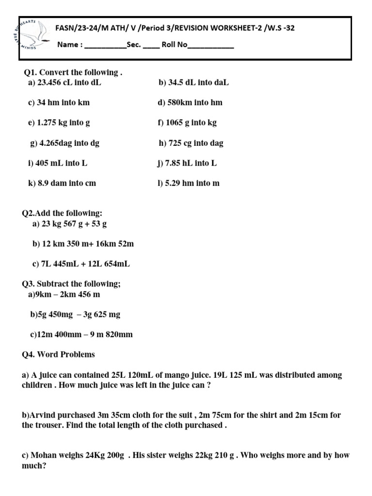 Revision Worksheet-2 (Measurement) | PDF