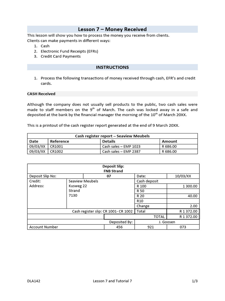 Lesson 7 - Money Received | PDF | Receipt | Cash