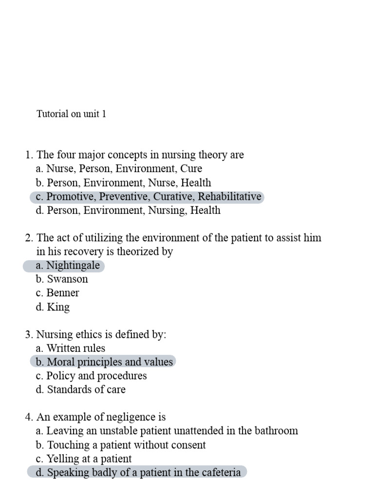 Fundamentals of Nursing: Unit 1 Quiz | PDF