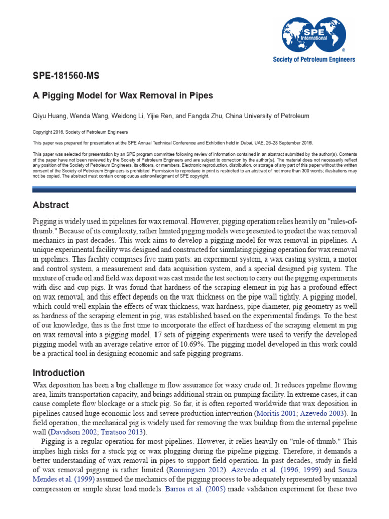 SPE 181560 MS A Pigging Model For Wax Removal in Pipes 2016 | PDF ...