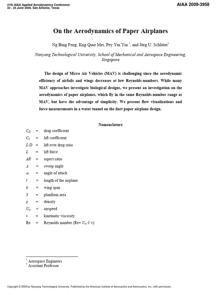 On The Aerodynamics of Paper Airplanes | PDF | Lift (Force) | Drag ...
